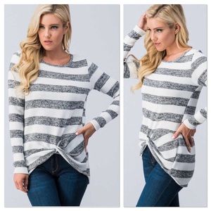 Lavender Moon | Tops | Grey Ivory Stripe French Terry Twisted Top ...